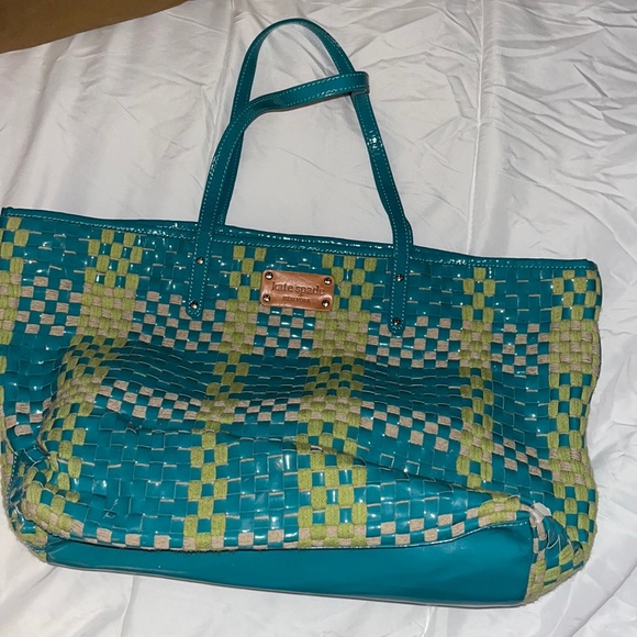 kate spade | Bags | Kate Spade Blue And Yellow Basket Weave Woven Tote ...